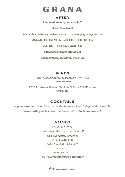 Grana Menus - Grana - Sydney