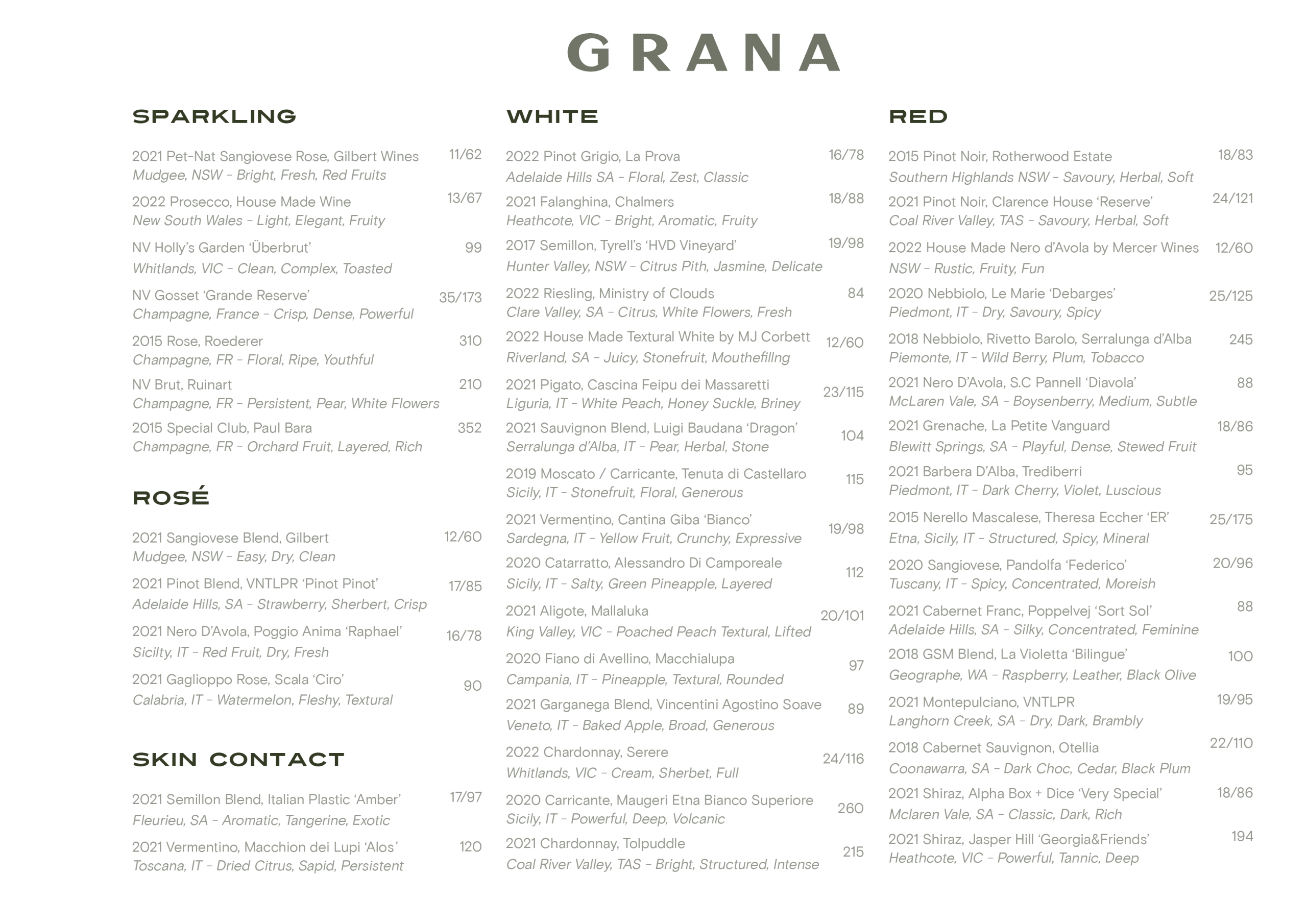 Grana Menus - Grana - Sydney